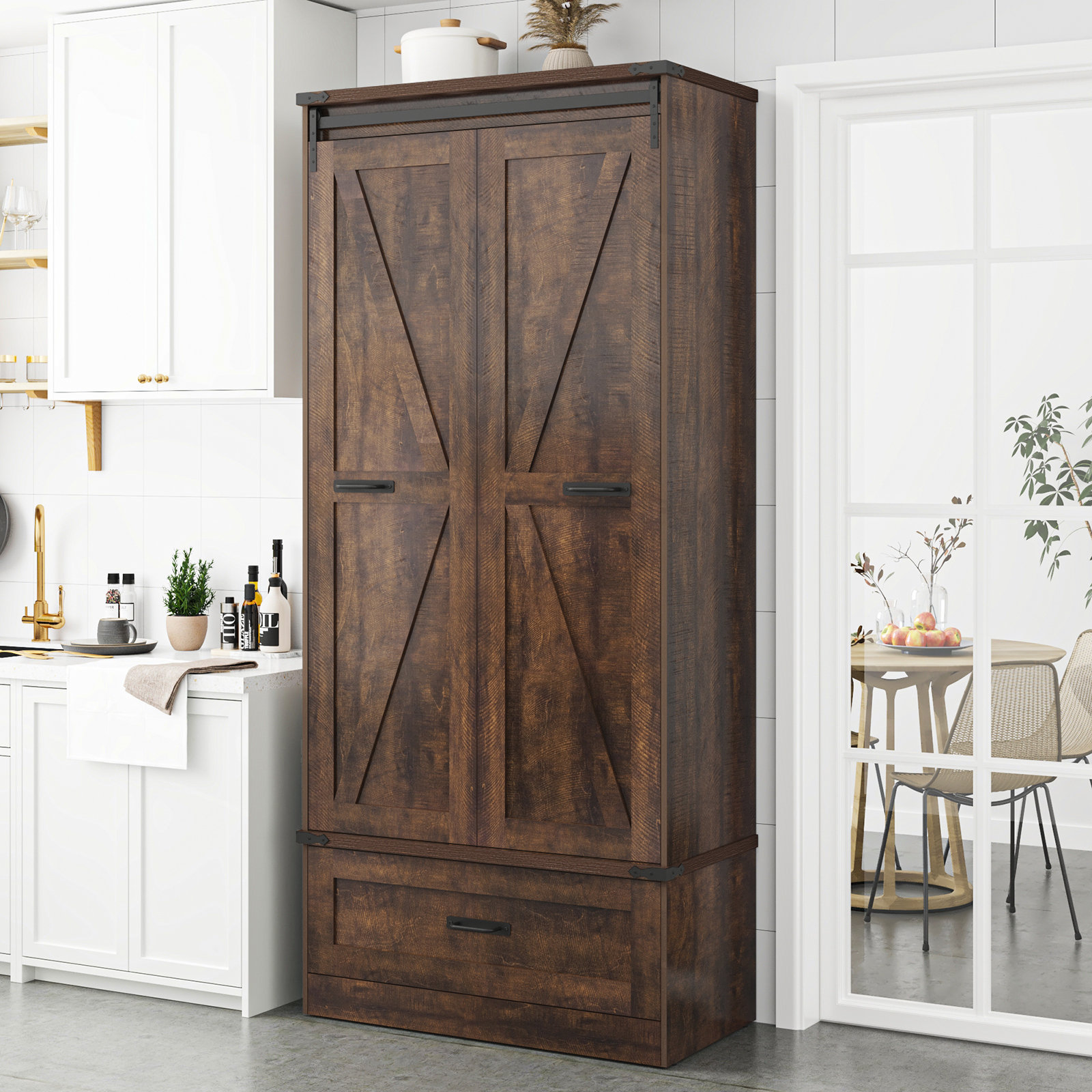 Gracie Oaks Tall Rustic Storage Cabinet With Barn Doors & Drawer ...