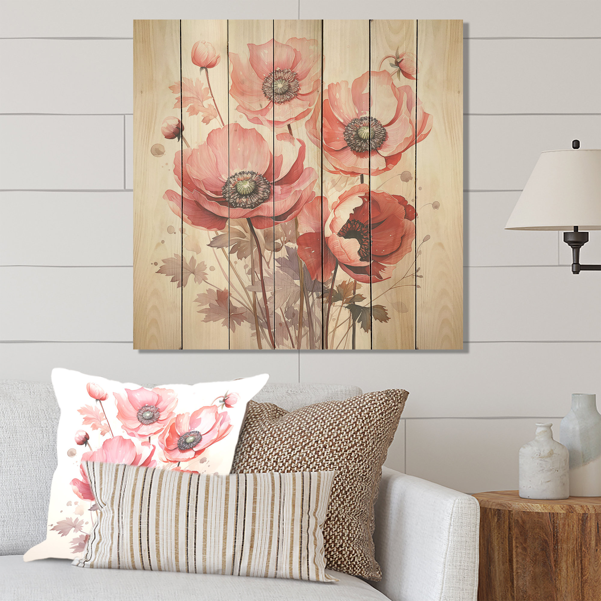 August Grove® Coral Pink Poppy Bouquet - Poppies On Wood Print | Wayfair