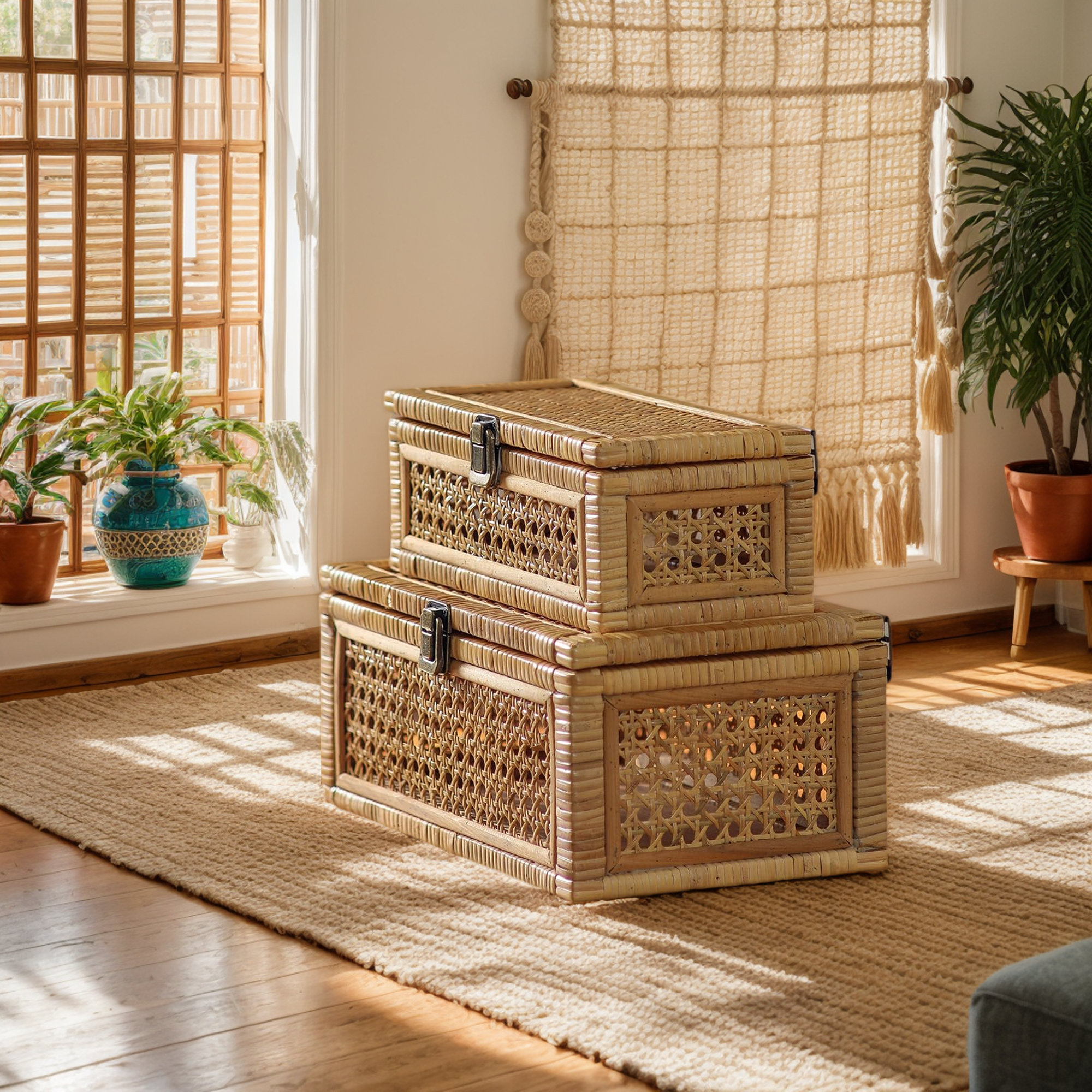 Bay Isle Home™ Stackable Rattan Decorative Box Set Of 2 With Hinged Lids - Boho Woven Storage ...