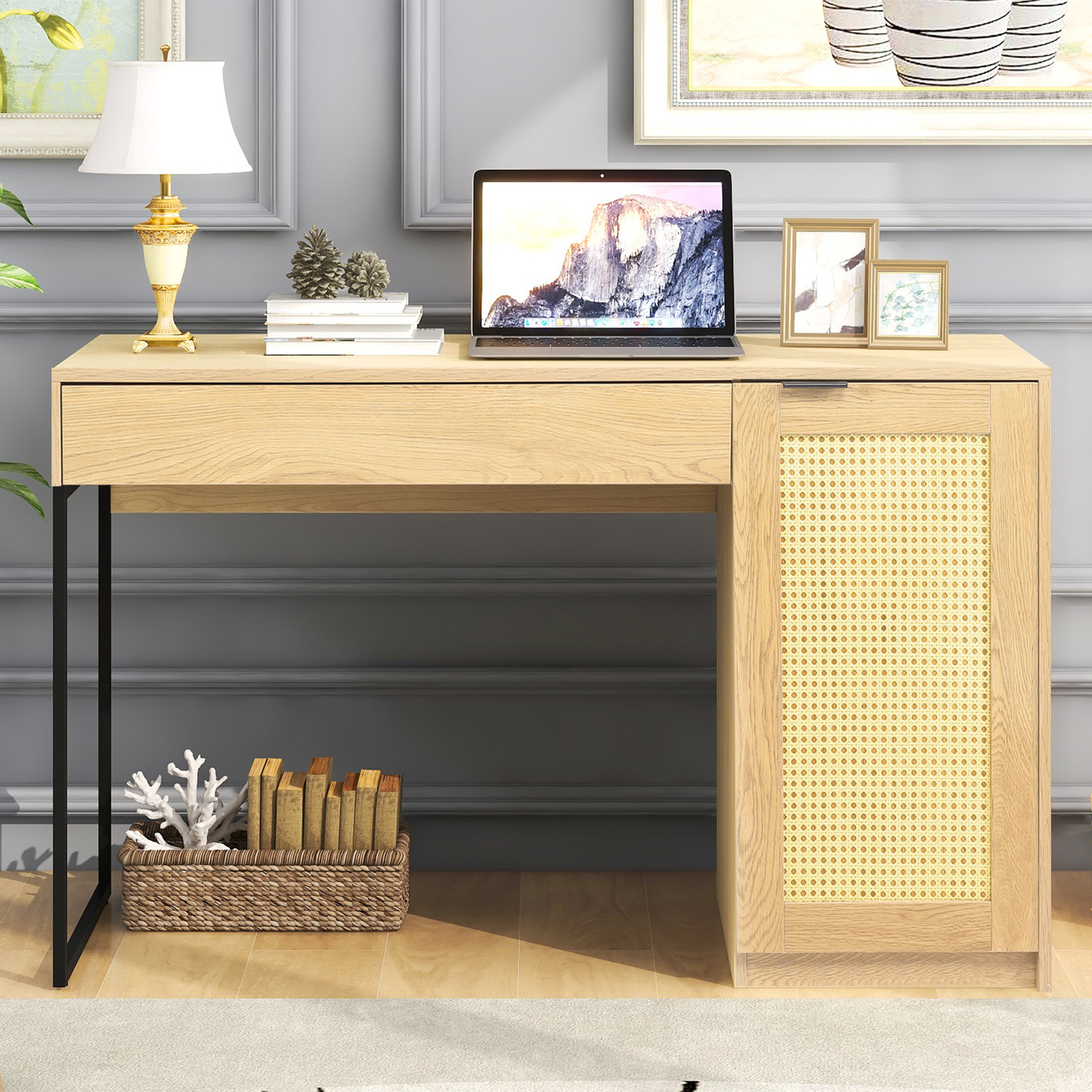 Bayou Breeze Natural Computer Desk With One Drawer And Cabinet With ...