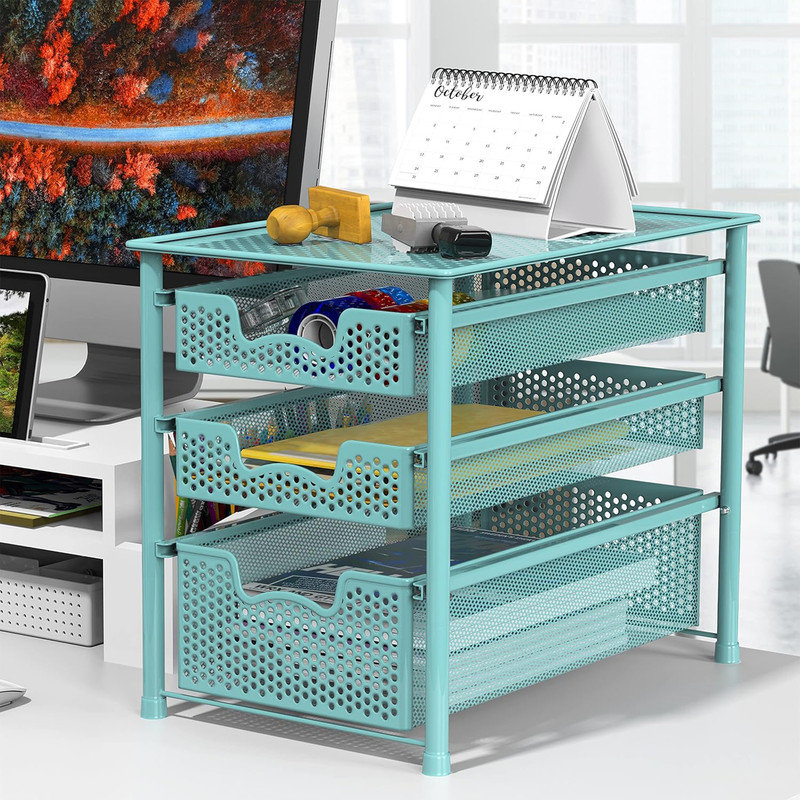 17 Stories Turquoise Stackable 3 Tier Sliding Basket Organizer Drawer ...