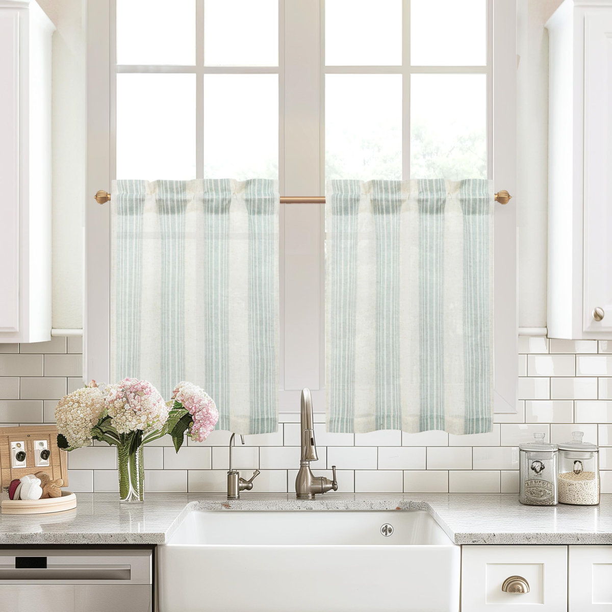 Gracie Oaks Kitchen Curtains Striped Tier Linen Short Curtains ...