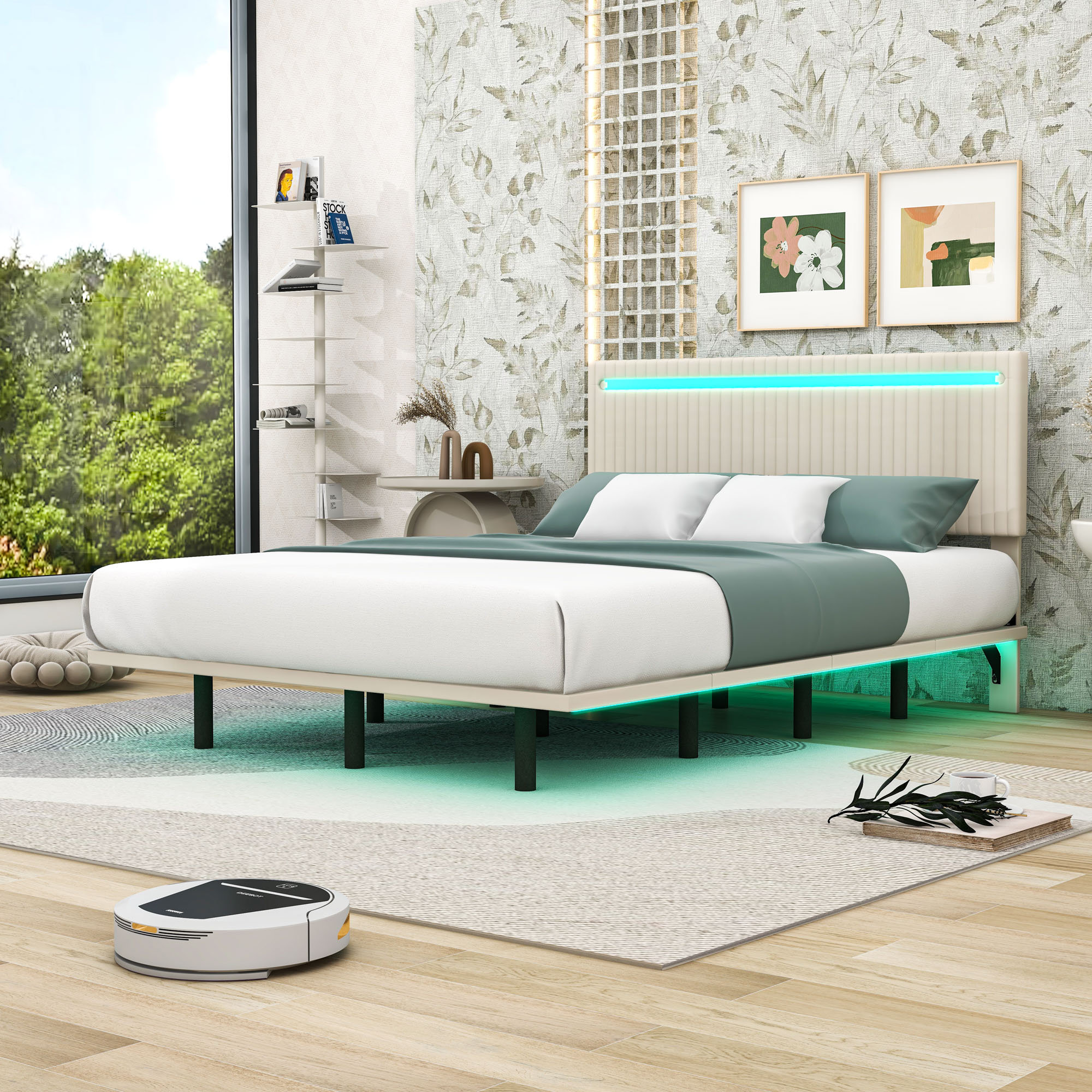 Wrought Studio™ Platform Bed with Upholstered Headboard and Lights ...