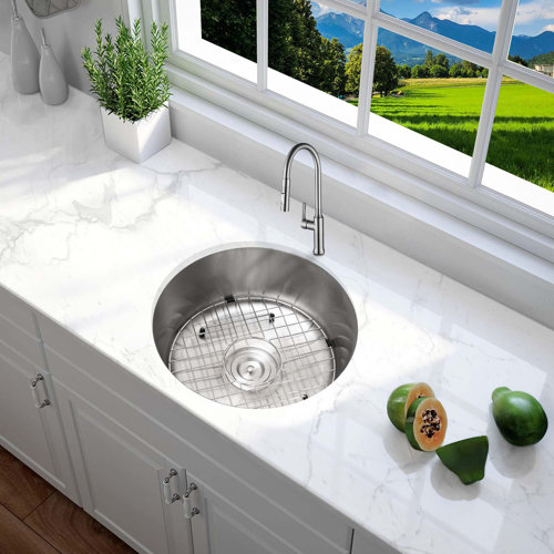 KBFmore Circular 18" L x 18" W Dual Mount Kitchen Bar Sink with Basket ...