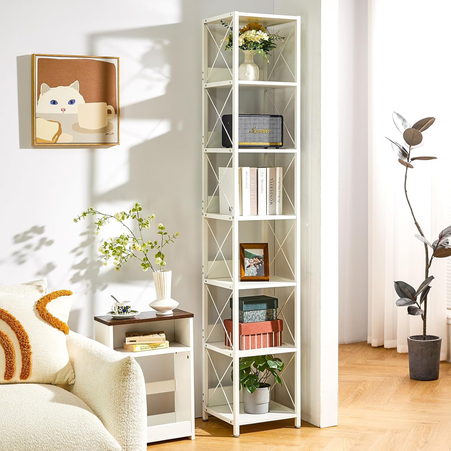 Latitude Run® 6-Tier Tall Narrow Bookcase, Corner Shelf Storage Display ...