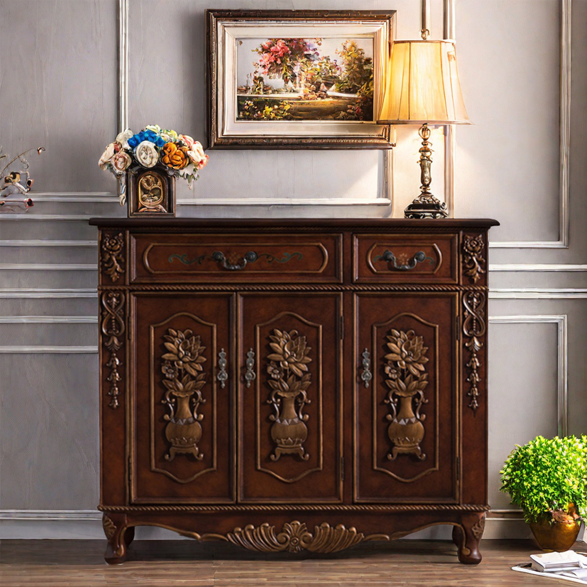 DICIXA Vintage Carved And Painted Three-Door Shoe Cabinet 18 Pair Shoe ...