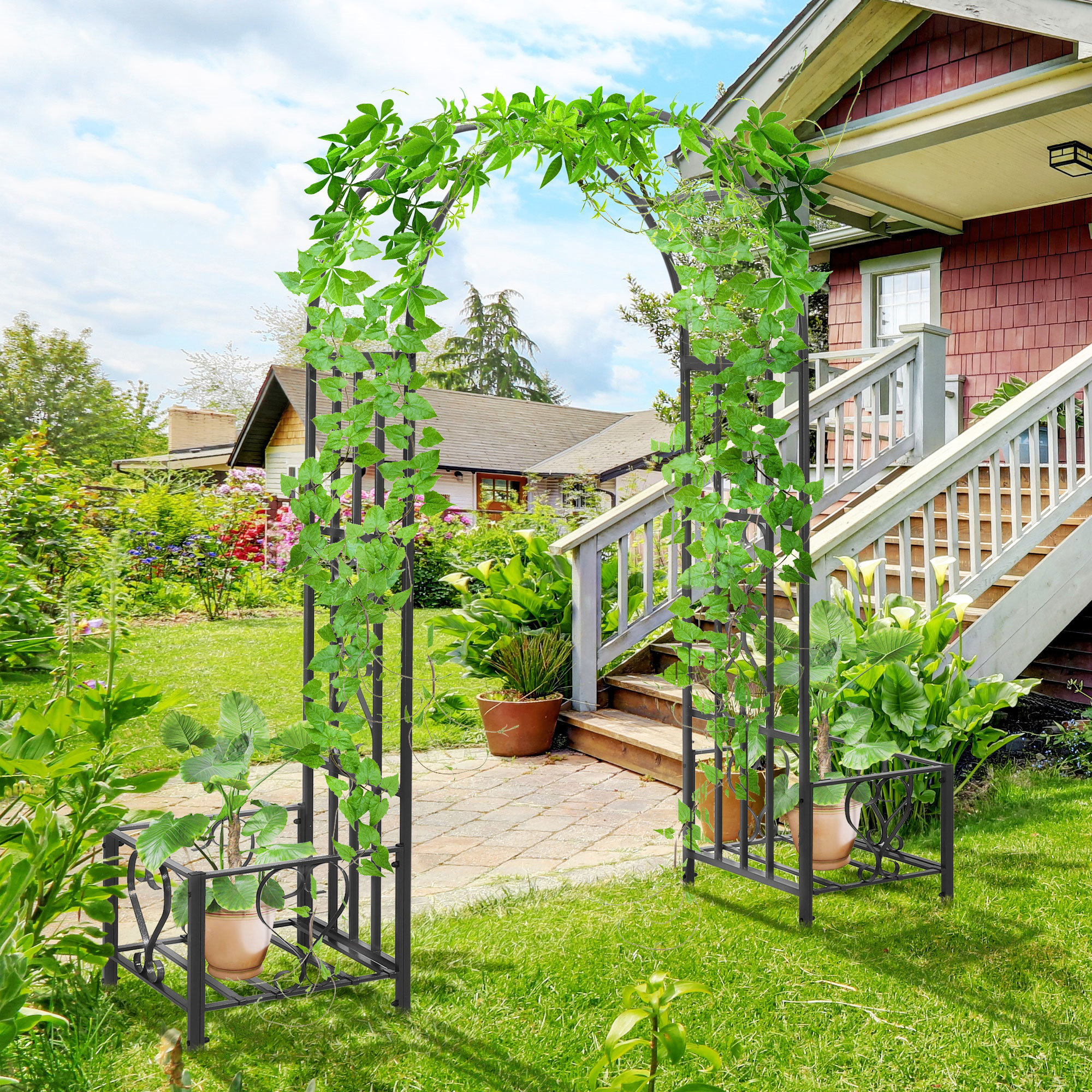 Winston Porter 6.7' Steel Garden Arch Arbor With Scrollwork Hearts ...