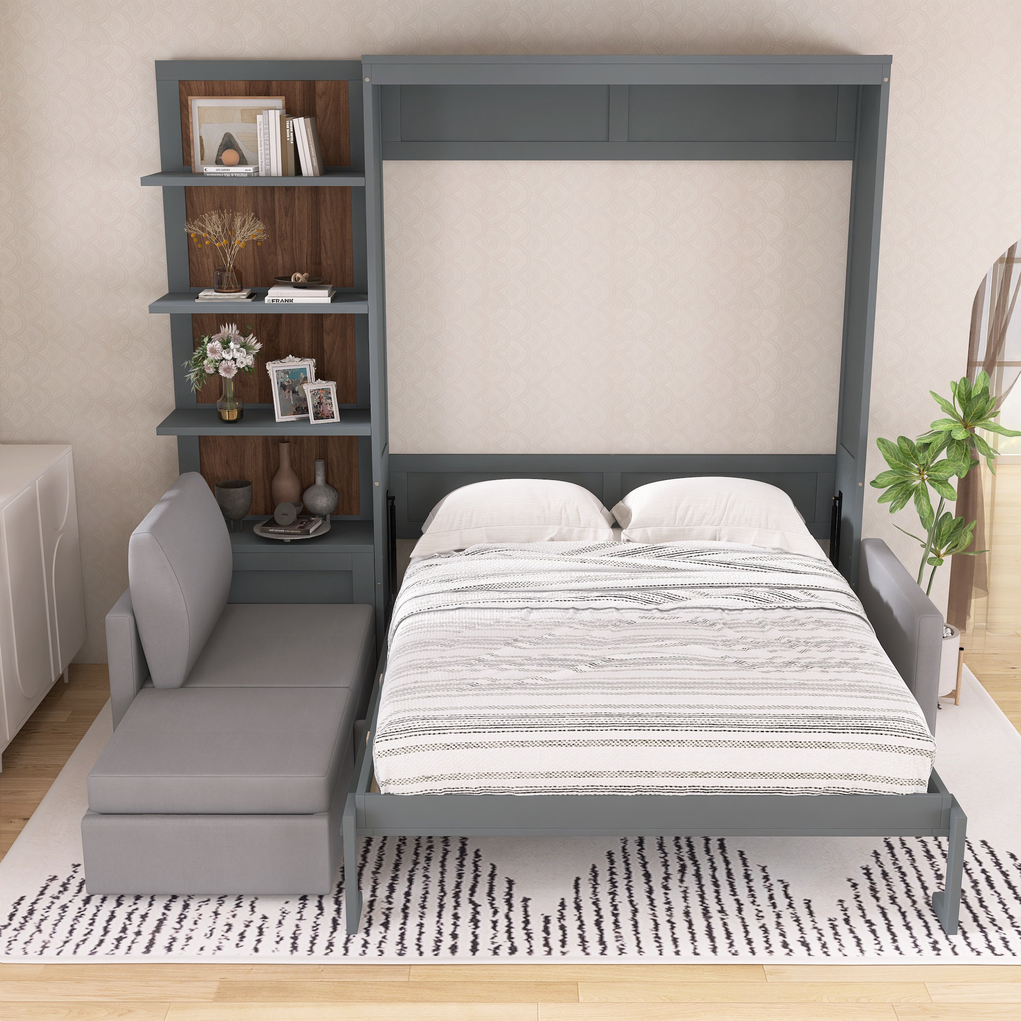 Harriet Bee All-in-one Queen Murphy Bed With Sofa & Shelves - Wayfair ...