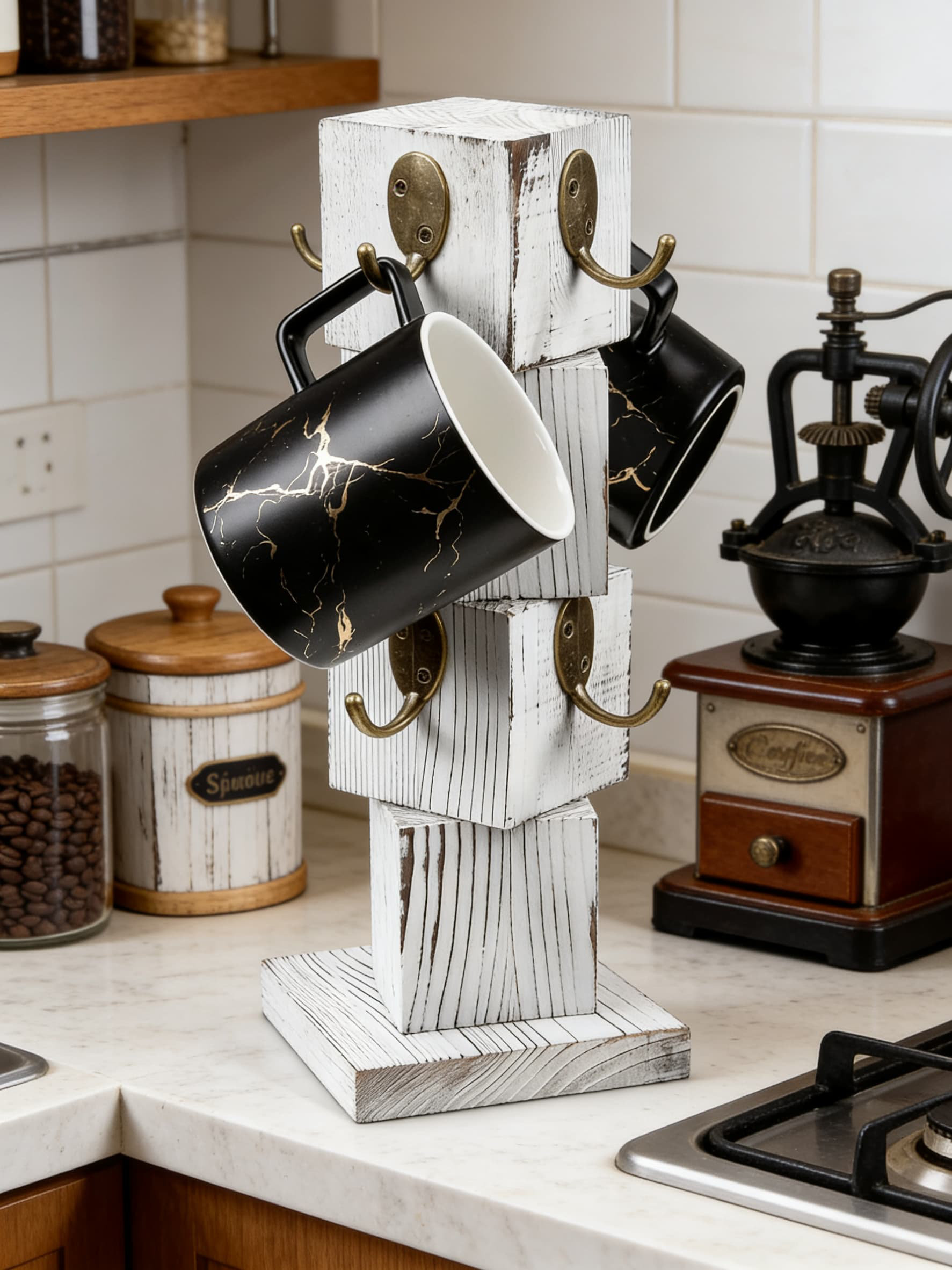 Rebrilliant Rustic Mug Tree Stand With 8 Hooks, Solid Wood Coffee Cup ...