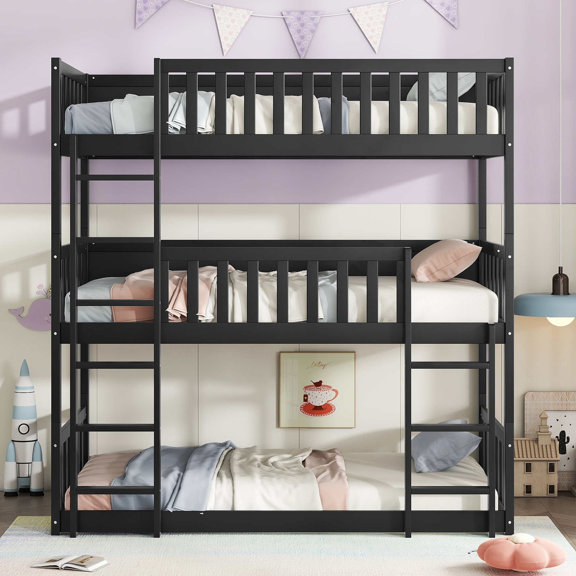 Harriet Bee Triple Rubber Wood Bunk Bed, With Ladders, Guardrails ...
