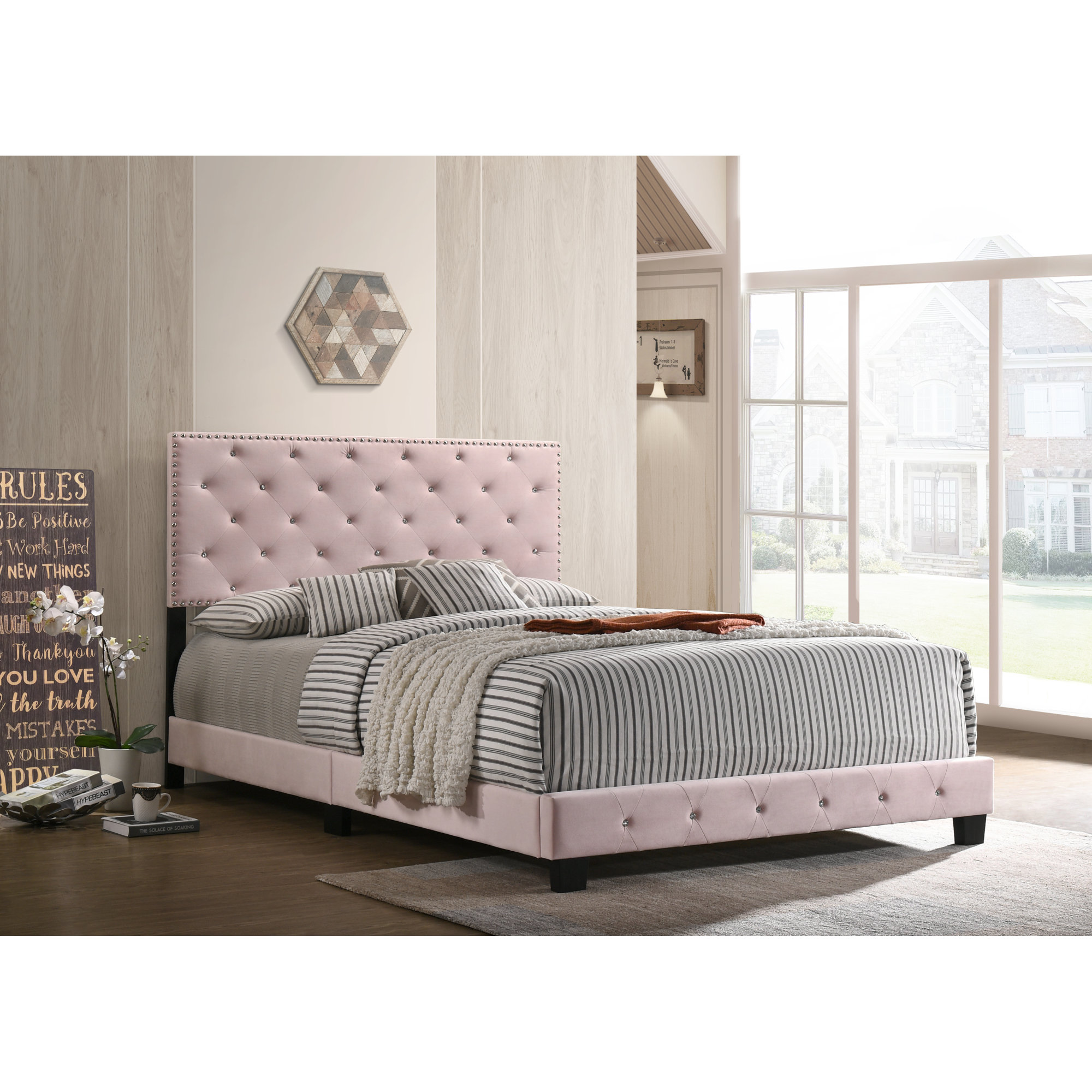 House of Hampton® Comfortable Velvet Pink Transitional King Bed For ...
