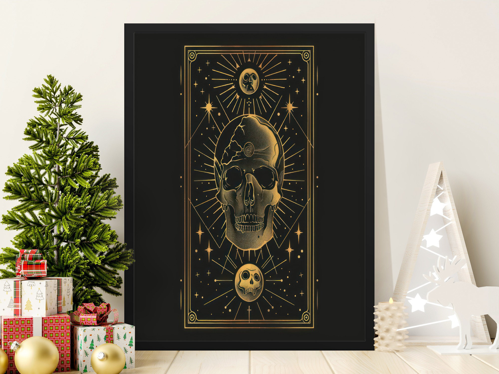 Lark Manor Golden Celestial Skull Art on Black Decor Framed Poster ...