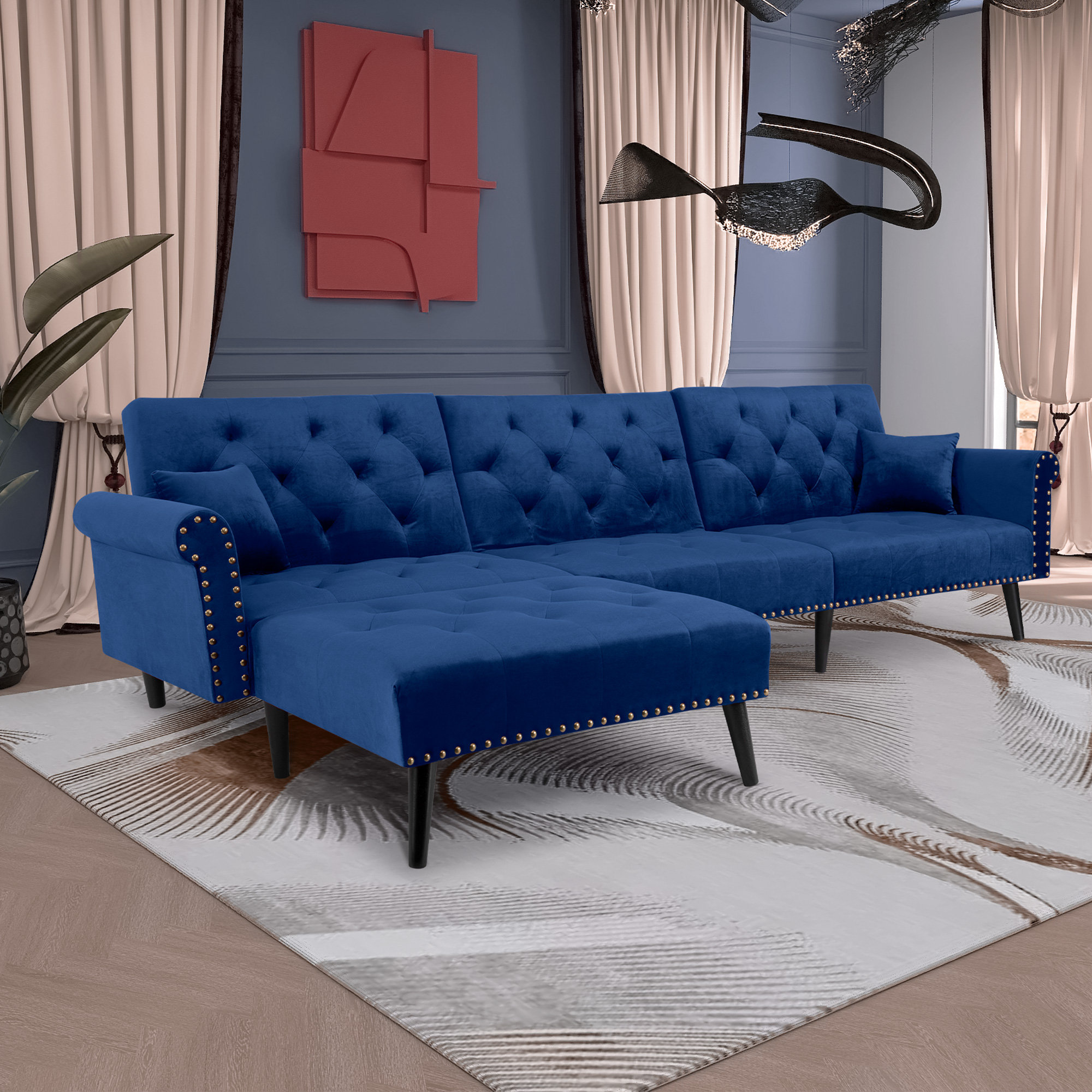 Wade Logan® Arshaun 115" Wide Velvet Reversible Sleeper Sofa & Chaise ...