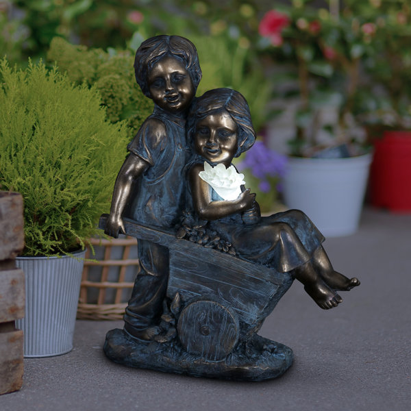 Exhart Solar Boy and Girl in Wheelbarrow Garden Statue, 10 by 13 Inches ...