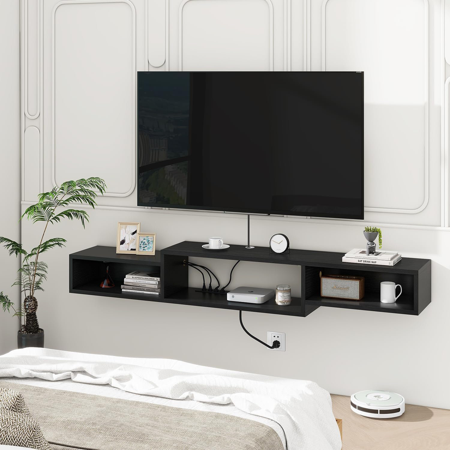 Hokku Designs Floating TV Stand With Power Outlet, Wall Mounted Media ...
