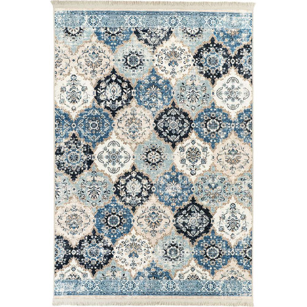 Bungalow Rose Alfa Rich Ultra-Thin Floral Blue Cream Washable Non-Slip ...