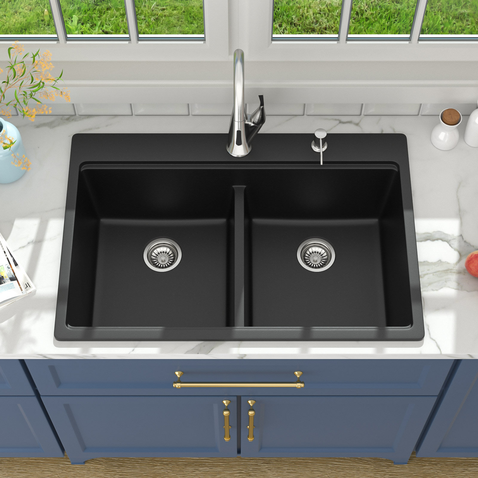 Lordear 33" L x 22" W Double Bowl Rectangular Top-Mount Workstation ...