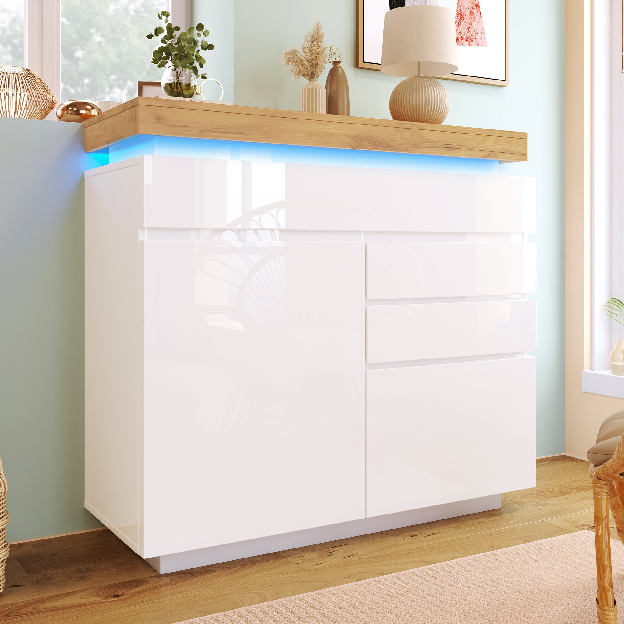 17 Stories Garrett High-Gloss 3-Drawer Chest with App-Controlled RGB ...