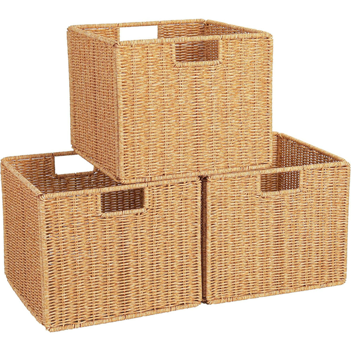 Gracie Oaks Wicker Storage Basket Set Of 3, Large Cube Basket, Foldable ...