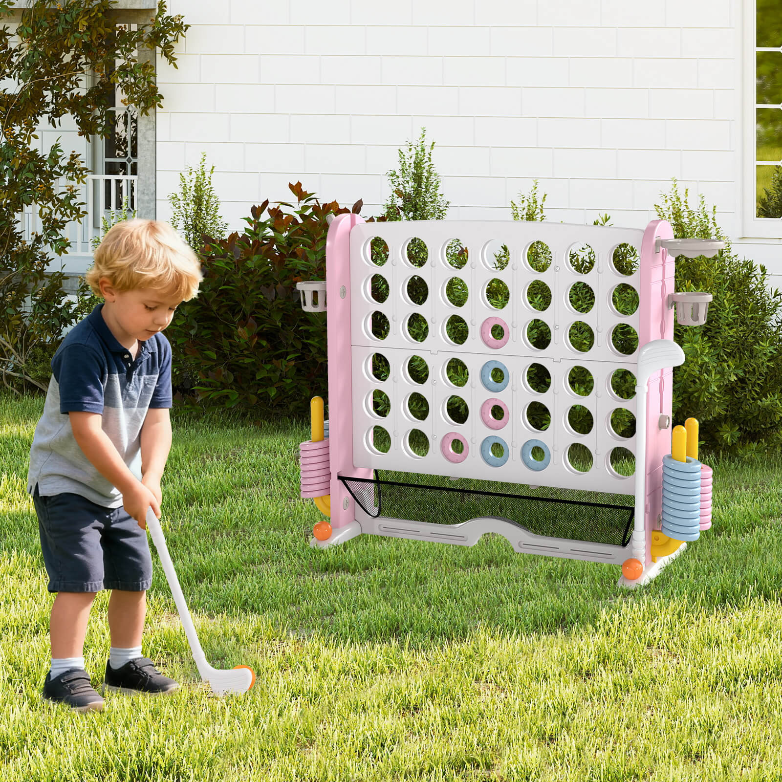 Costway Giant 4-in-a-Row Game Set with Ring-toss, Basketball Hoop, Golf ...