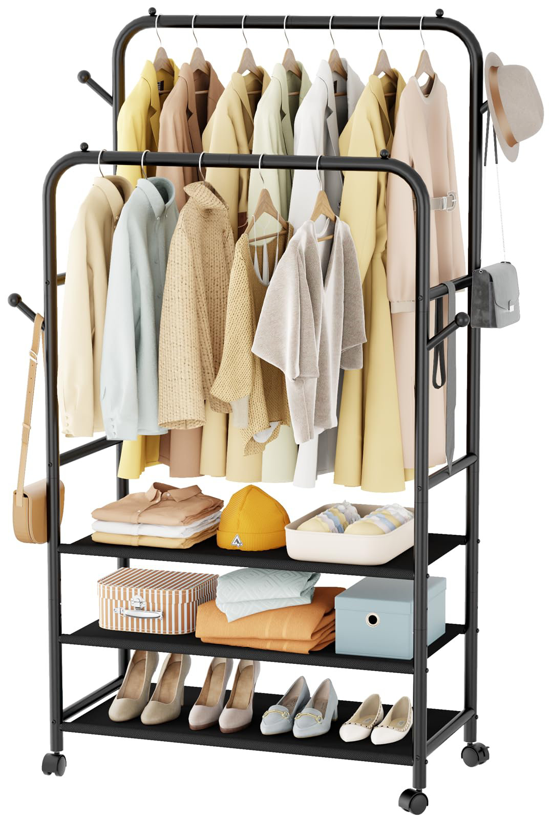 Latitude Run® Double Rod Clothes Rack With Wheels And 3-Tier Organizer ...