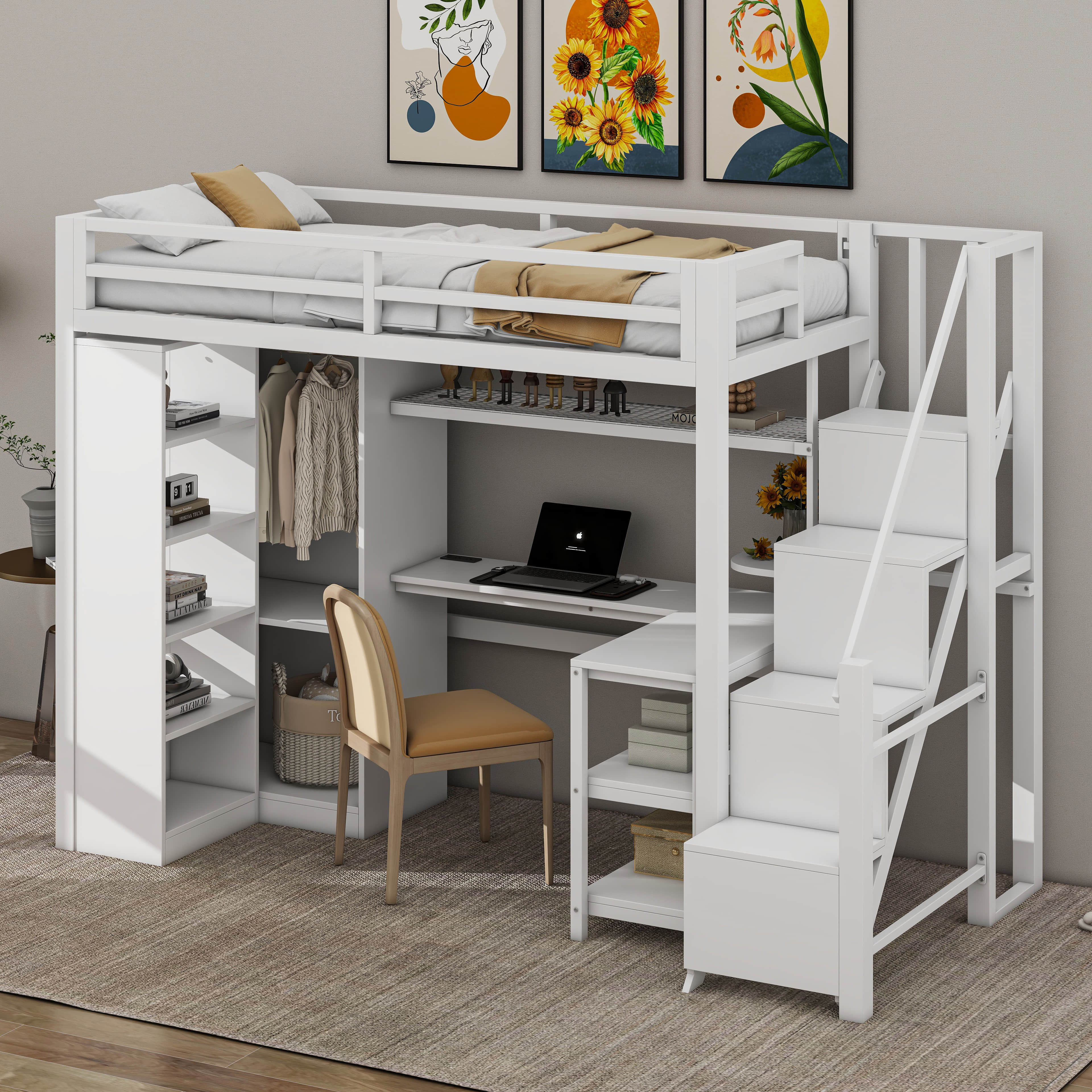Cosmic Metal Full Loft Bed With Desk, USB Ports, 5-Layer Shelf ...