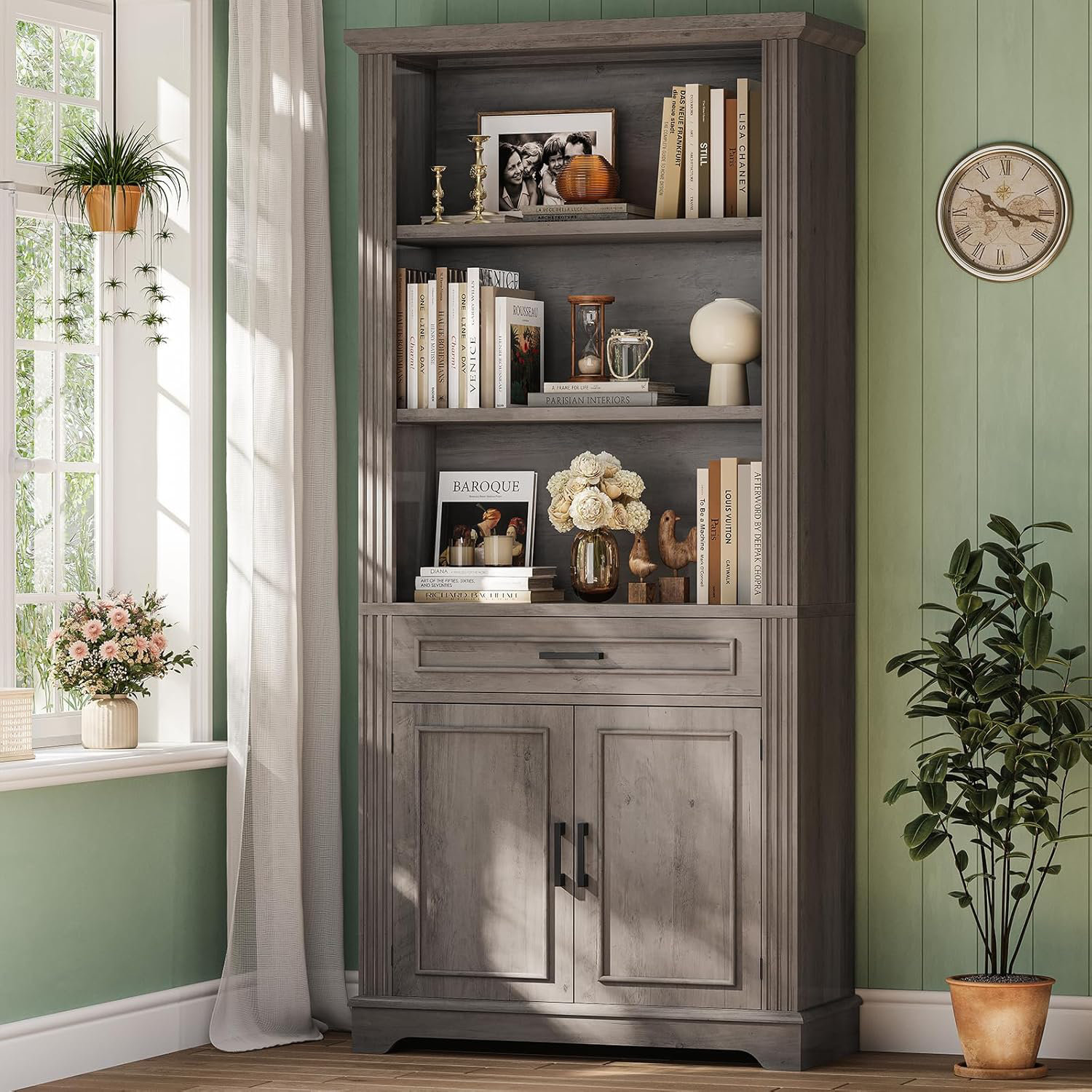 Gracie Oaks Farmhouse Bookshelves and Bookcases with Doors and Drawer ...