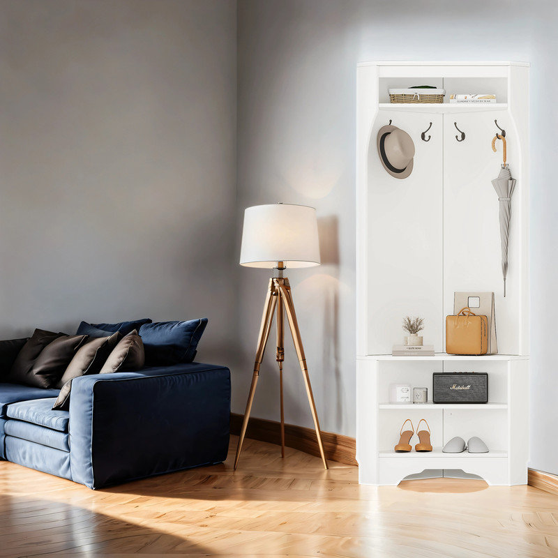 Red Barrel Studio® Corner Hall Tree with Shoe Bench, Coat Rack with 4 ...