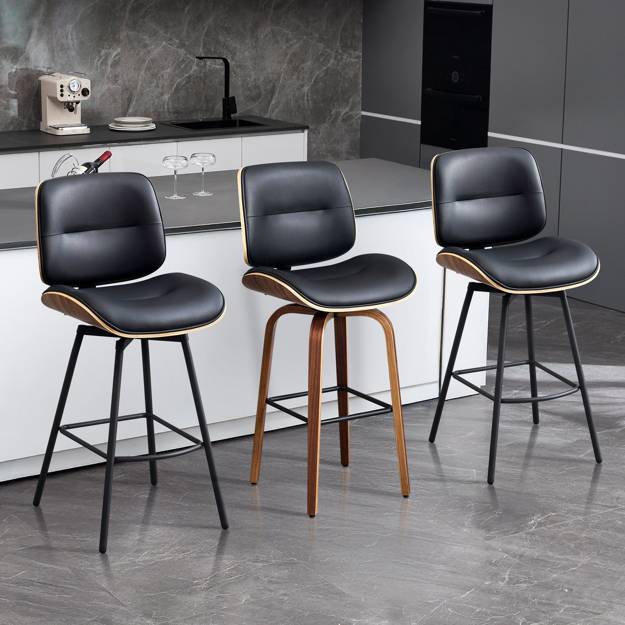 George Oliver Modern Industrial 3-Piece Bar Stool Set with 360° Swivel ...