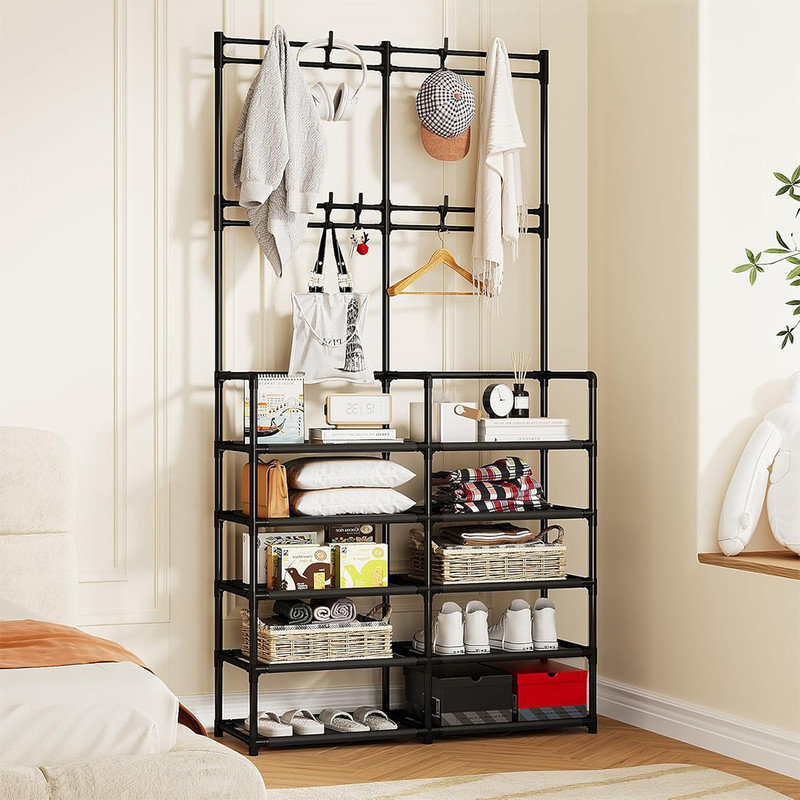 Latitude Run® 5-Tier Double Row Coat & Shoe Rack with 9 Hooks,White ...