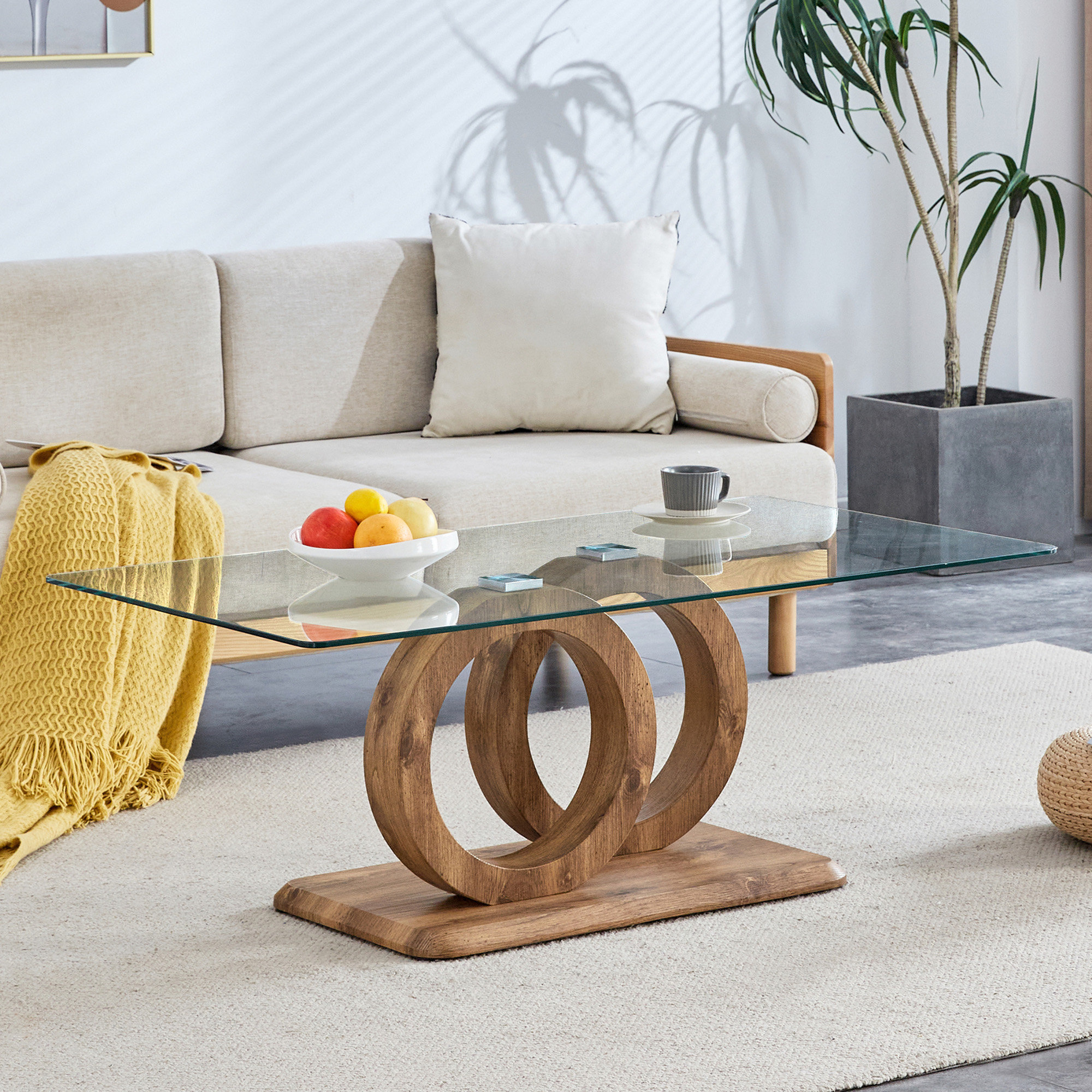 Ivy Bronx Glass Top MDF Coffee Table With Natural Wood Colour Base ...