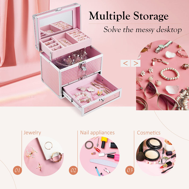17 Stories Shiny Pink Jewelry Box with Drawer & Mirror | Wayfair
