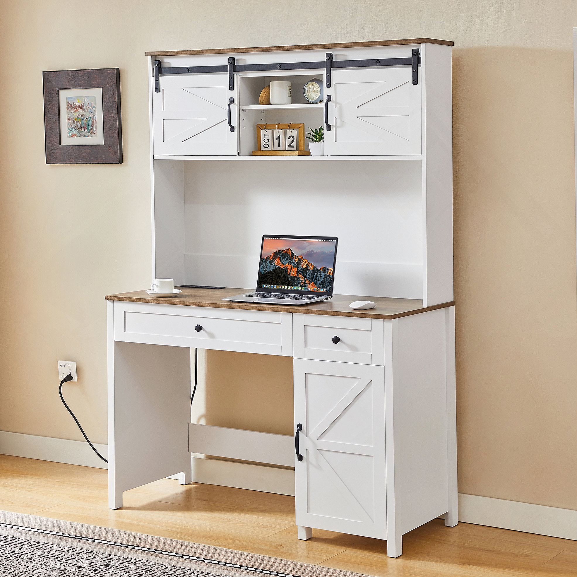 Gracie Oaks 47" Farmhouse Executive Desk with Drawers, Wood Home Office ...
