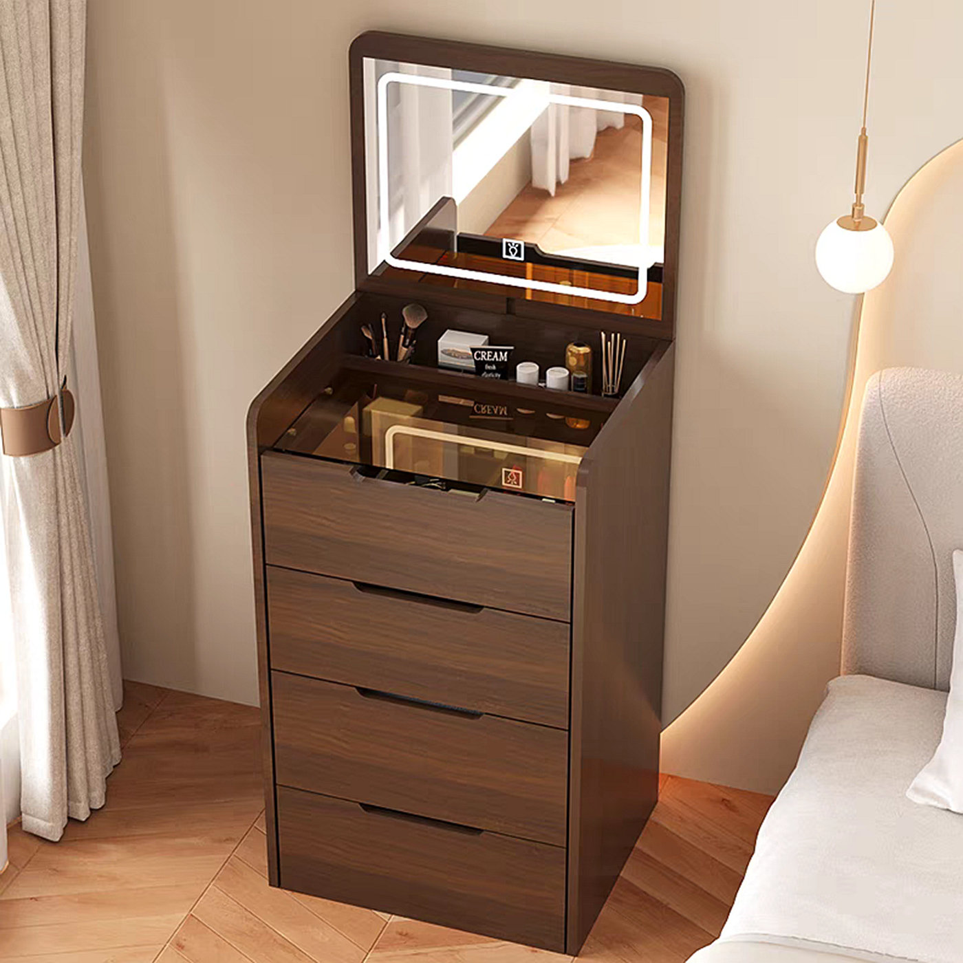 Orren Ellis (48Cm)(Walnut) 3 In 1 Vanity Desk With Plip Top Mirror ...