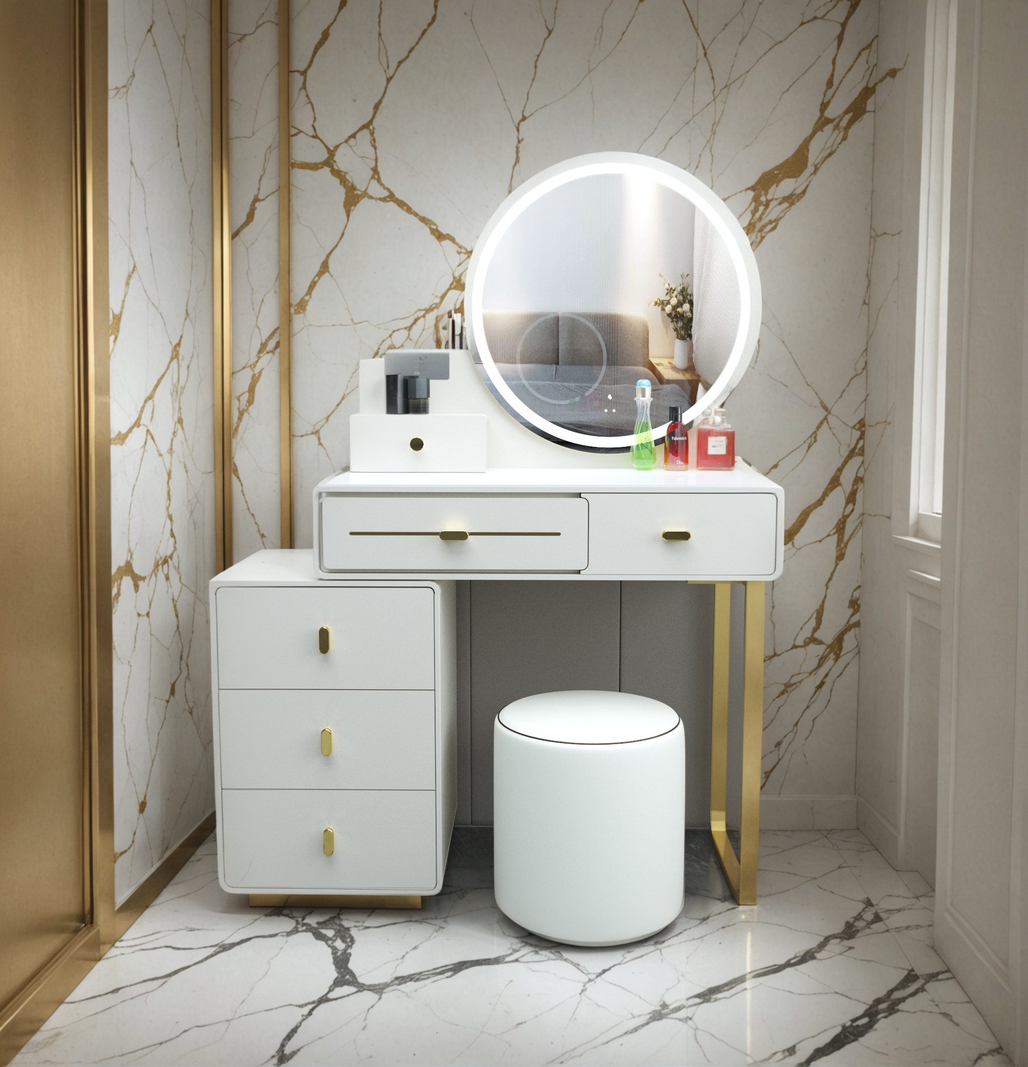 Everly Quinn Luxury Led Vanity Table With Storage & Gold Accents ...