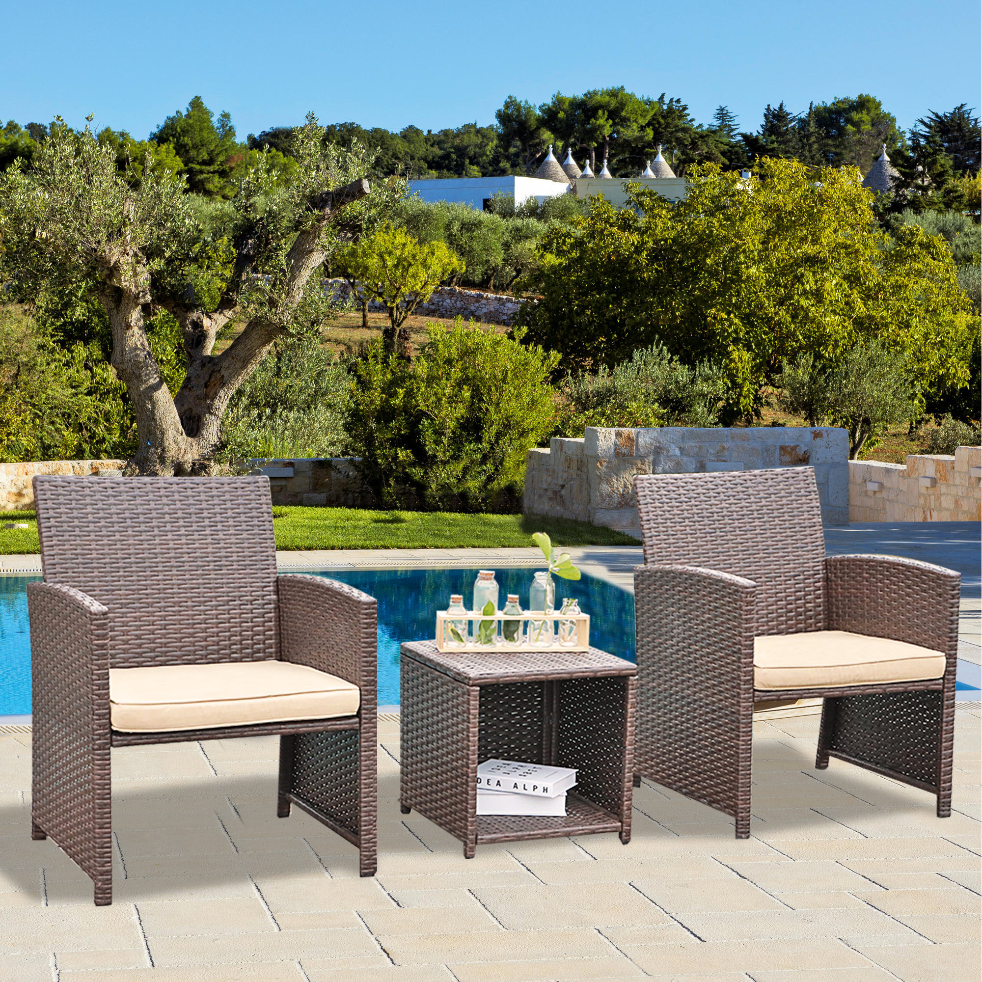 Winston Porter Cutten 3 Piece Rattan Seating Group with Cushions ...