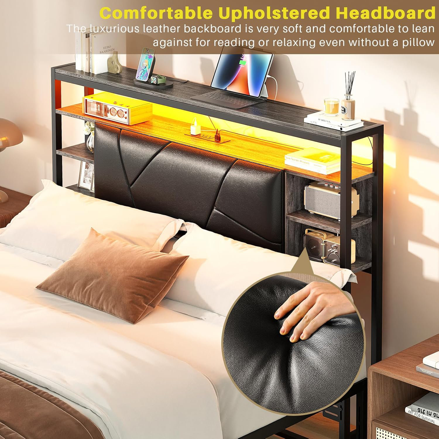 Brayden Studio® Full Size Headboard With Charging Station And Smart RGB ...