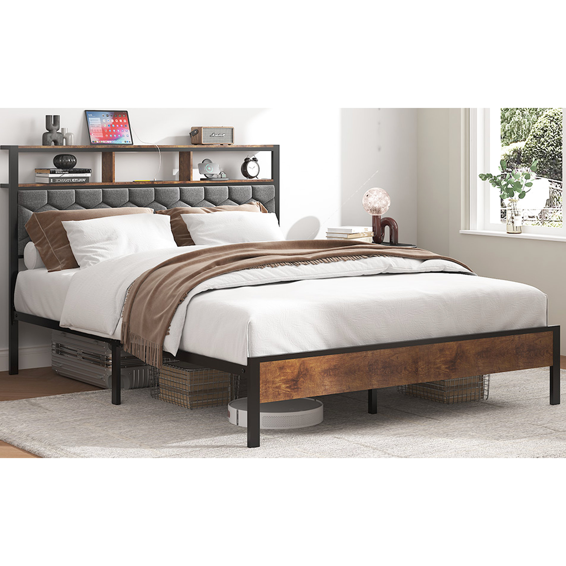 Alwyn Home Queen Size Wooden Platform Bed Frame With Brown Finish ...