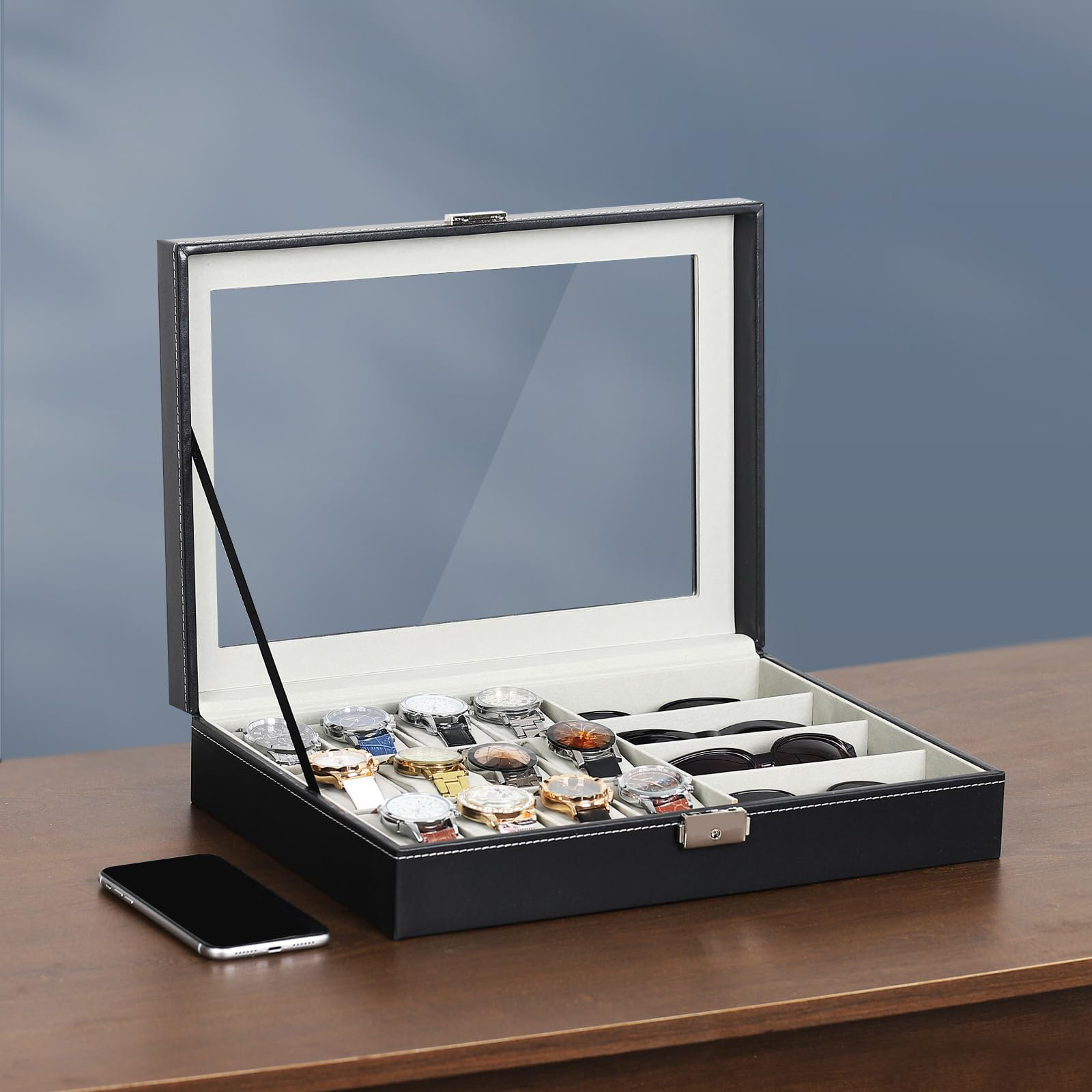 Latitude Run® Leather 12 Watch Box Jewelry Case And 4 Piece Sunglass ...