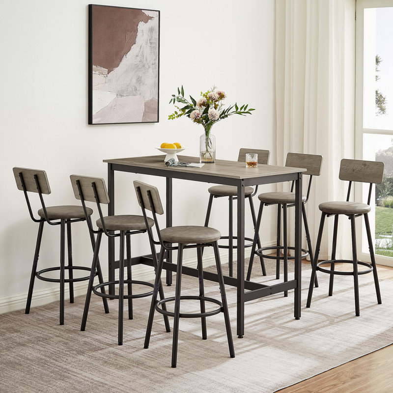 17 Stories Pub High Dining Table 7 Piece Set, Industrial Style Pub Table, 6 PU Leather Bar ...
