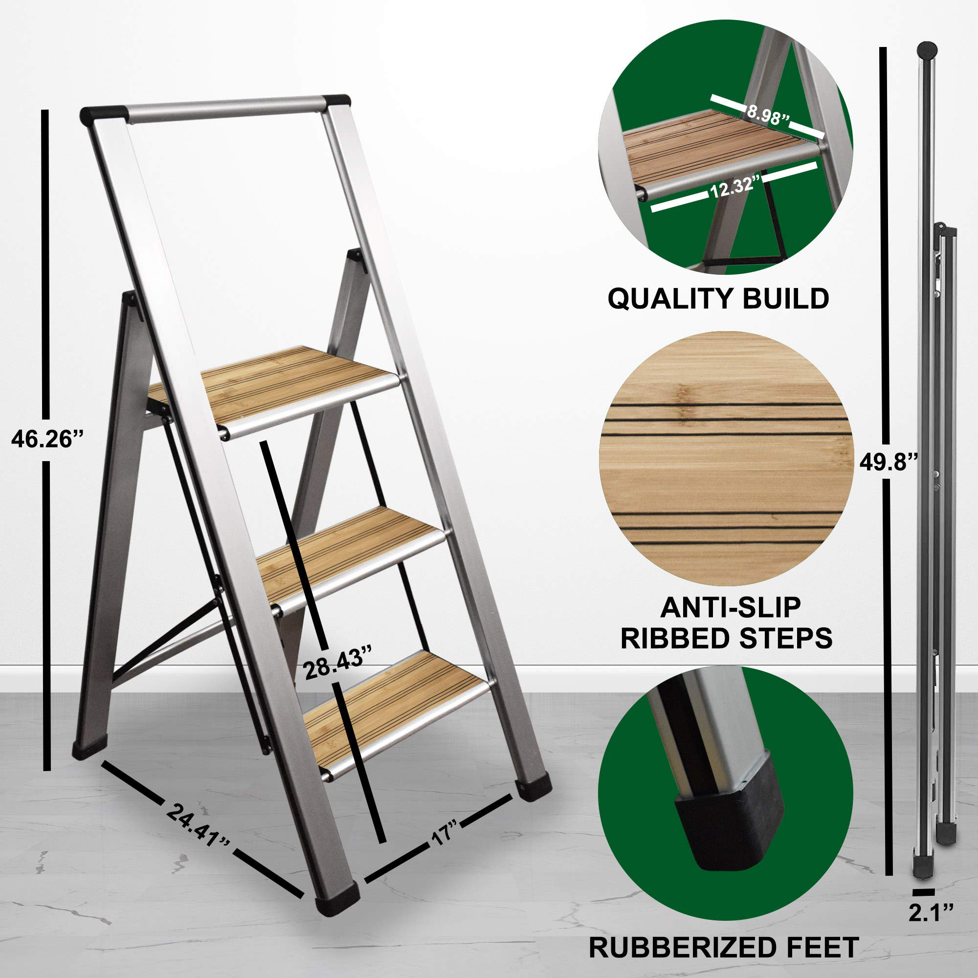 Sorfey Premium 3 Step Modern Bamboo Ladder. Lightweight, Ultra Slim ...