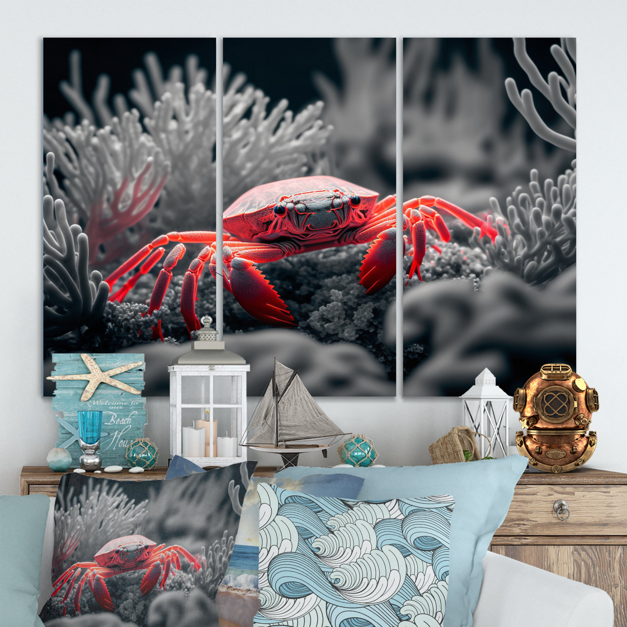 Highland Dunes Red Crab In Shades Of Black And Blue II - 3 Piece Print ...