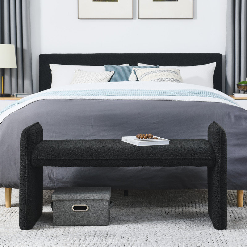 Ebern Designs Modern Bed Bench with Arms, Linen Upholstered Ottoman ...