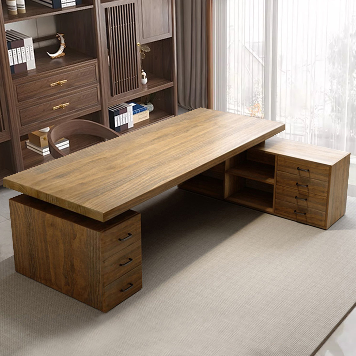 Dwelling Living Light Walnut Color L-Shaped Solid Wood with 7 drawers ...