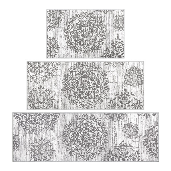 Bungalow Rose Farmhouse Non Slip Washable Gray Kitchen Rug Set with Mat ...