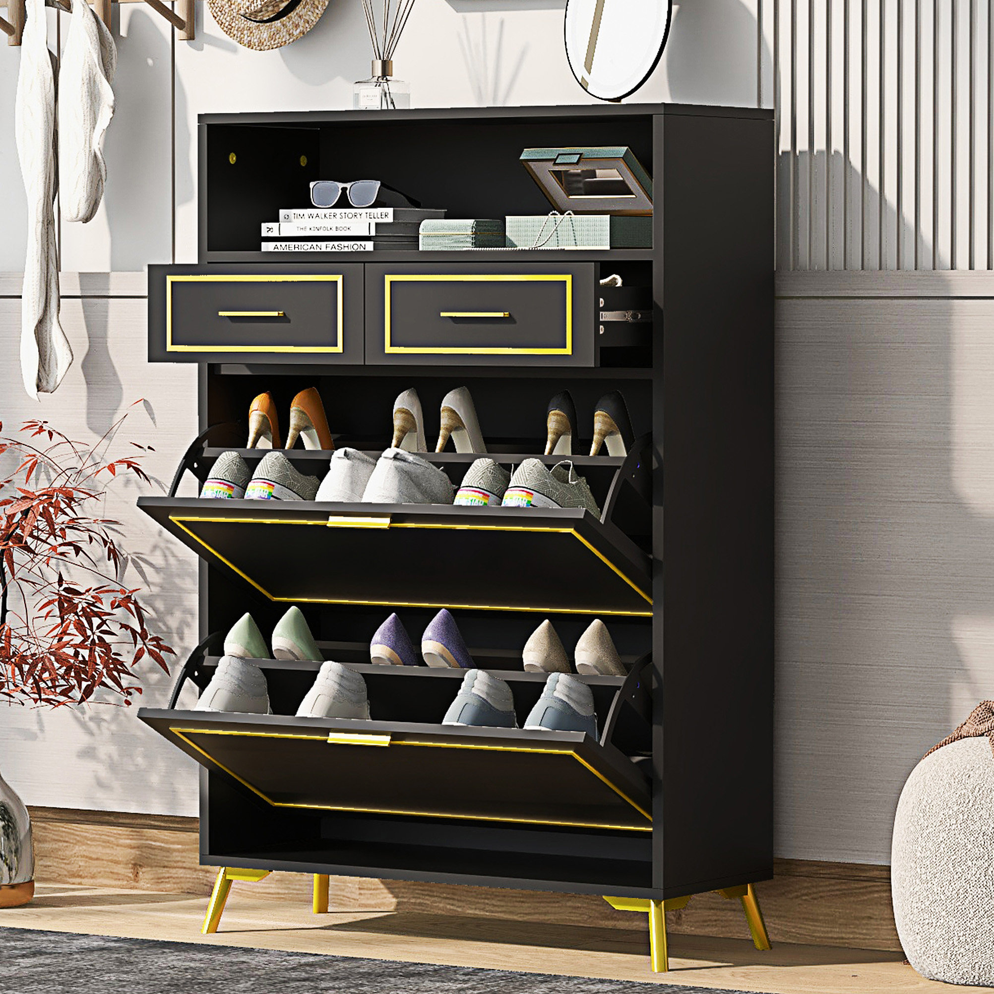 George Oliver U-Can Shoe Cabinet With 2 Flip Drawers, 2 Slide Drawers ...