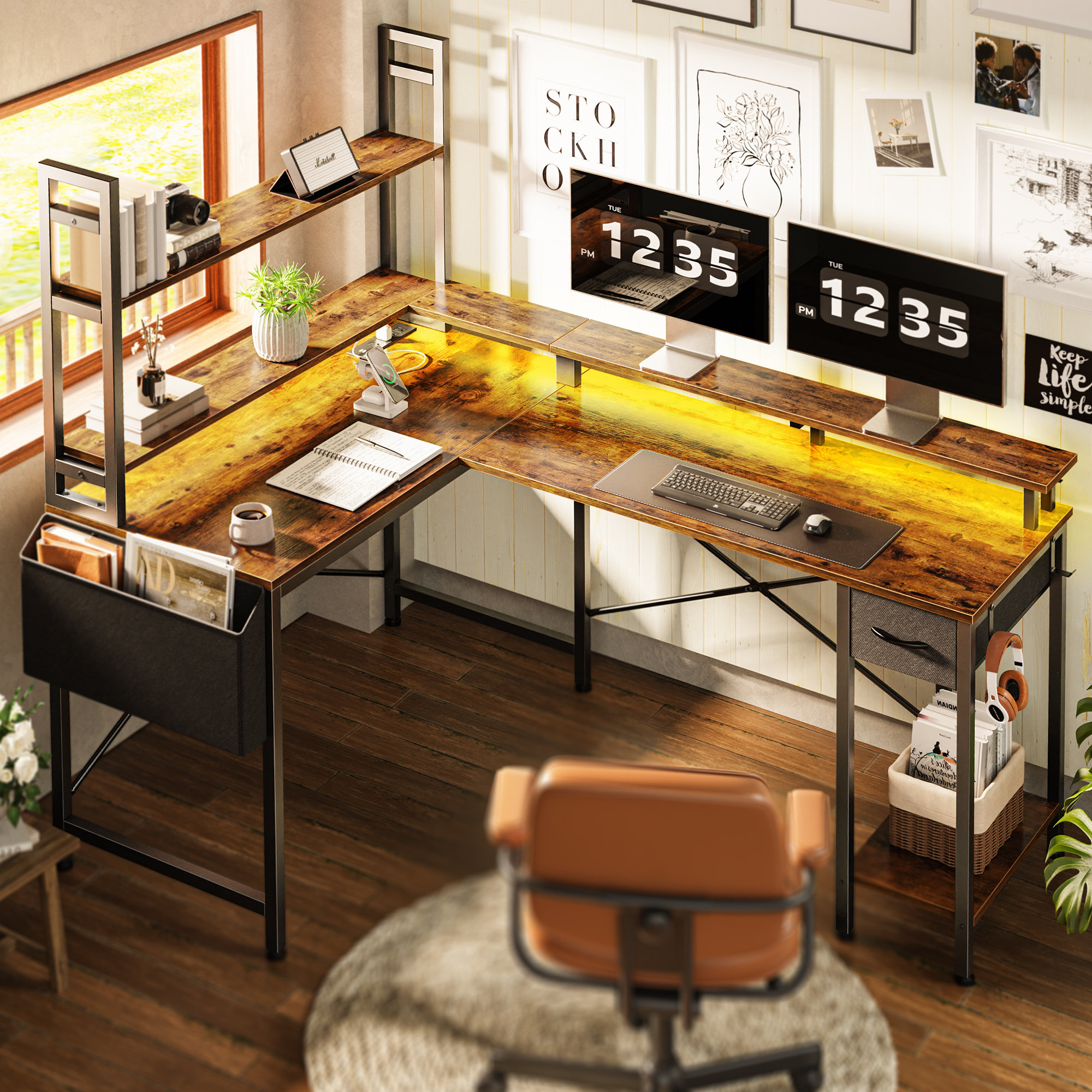 Inbox Zero Lateefa 88" L Shaped Computer Home Office Desk with LED ...