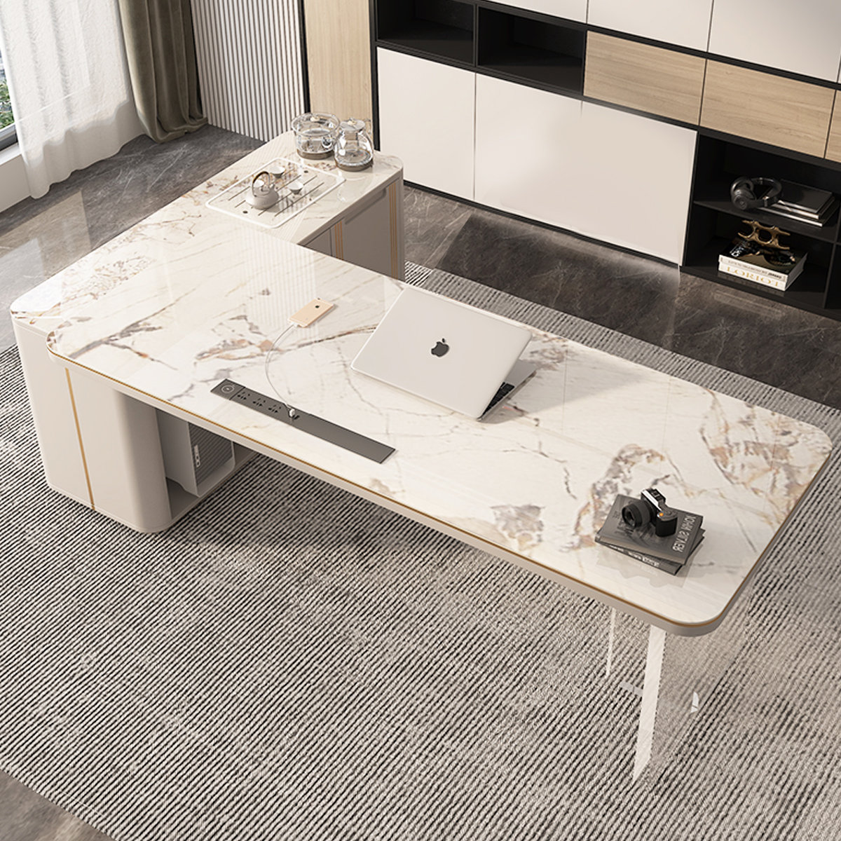 Orren Ellis L-shaped sintered stone office desk/tea table | Wayfair
