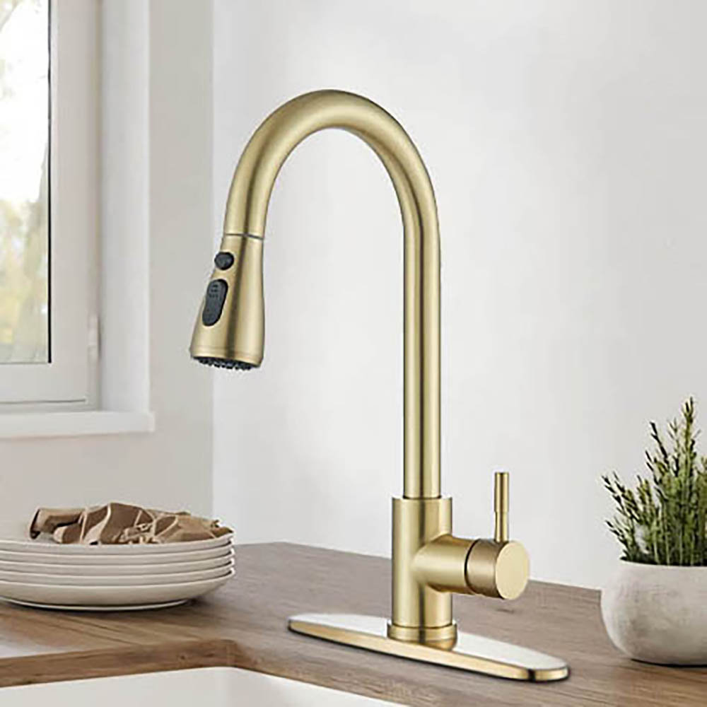 Nabiyy Brushed Gold Kitchen Sink Faucet Single Handle Pull Down Swivel ...