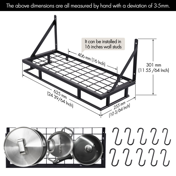 Prep & Savour Wall Mounted Pot Rack Kitchen 24 Inch Hanging Storage ...